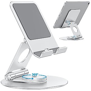 OMOTON Swivel Tablet Stand for iPad with 360 Rotating Base, Foldable Adjustable Holder for Drawing, Compatible with iPad Pro/Air/Mini and More, Silver