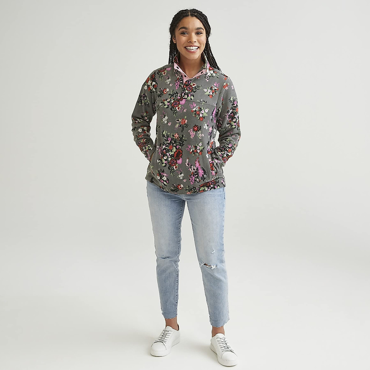 Vera Bradley Women's Snap Collar Fleece Pullover Sweatshirt With Pockets, Hope Blooms, Extra Large
