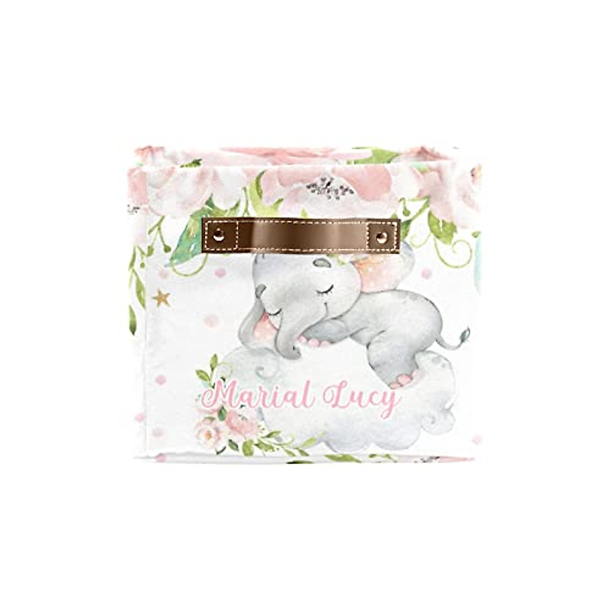Elephant Pink Floral Custom Storage Basket ,Personalized Storage Bins Cubes Organizer with Handle for Bedroom Wardrobe,Nursery,Basket 1 Pack