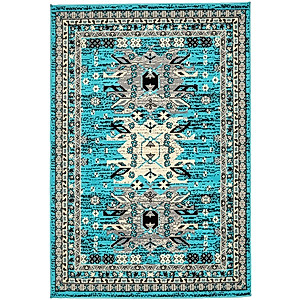 Unique Loom Taftan Collection Border Geometric Tribal Inspired Design Area Rug, 4 ft x 6 ft, Turquoise/Gray