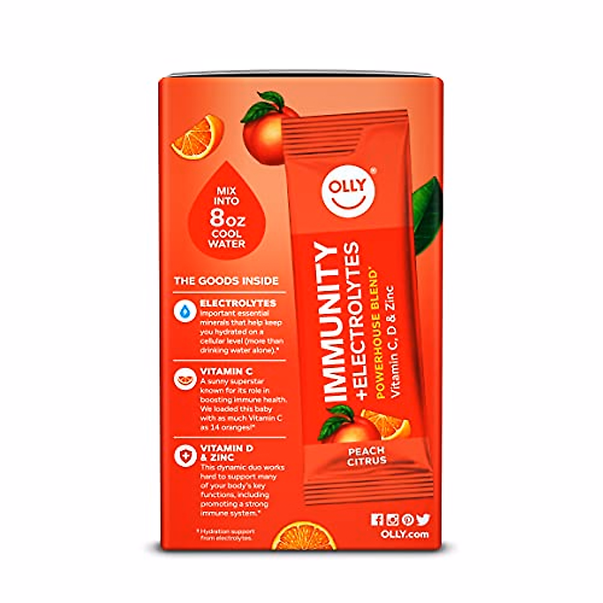 OLLY Immunity + Electrolytes Powder, Immune & Hydration Support, Vitamin C, D, Zinc, Drink Mix, Citrus Peach - 10 Count