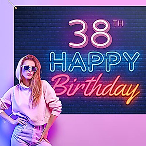 Glow Neon Happy 38th Birthday Backdrop Banner Decor Black – Colorful Glowing 38 Years Old Birthday Party Theme Decorations for Men Women Supplies