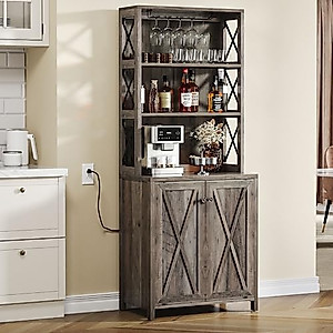 YITAHOME Bar Wine Cooler, 67" Tall Kitchen Storage Cabinet with Wine Rack, Open Storage Shelves, Farmhouse Kitchen Storage Cabinet with Wooden Doors for Living Room, Living Room, Grey Wash