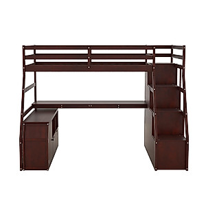 Twin Loft Bed with Desk & Storage Stairs Wood Loft Beds with Cabinet and 7 Drawers and 2 Shelves High Loft Bed Frame with Step for Kids, Juniors, Teen, Boys, Girls, Espresso, Twin Size
