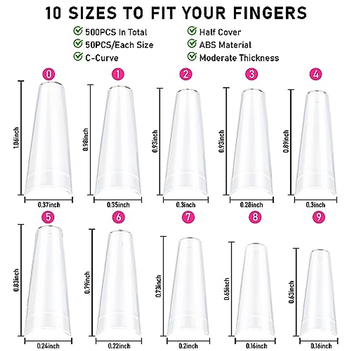 XIFEPFR 500PCS Clear Coffin Nail Tips, Half Cover False Nails Tips, Acrylic Nail Tips, 10 Sizes French Artificial Tips with Nail Glue Clipper Files Cuticle Fork for Nail Extension Home DIY Nail Salon