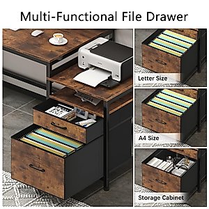 YOMILUVE 2 Person Desk with File Drawer and Storage Shelves, 103" Double Computer Desk with Power Outlet & 2 Fabric Drawers for Home Office, Reversible Computer Desk with Monitor Stand, Rustic Brown