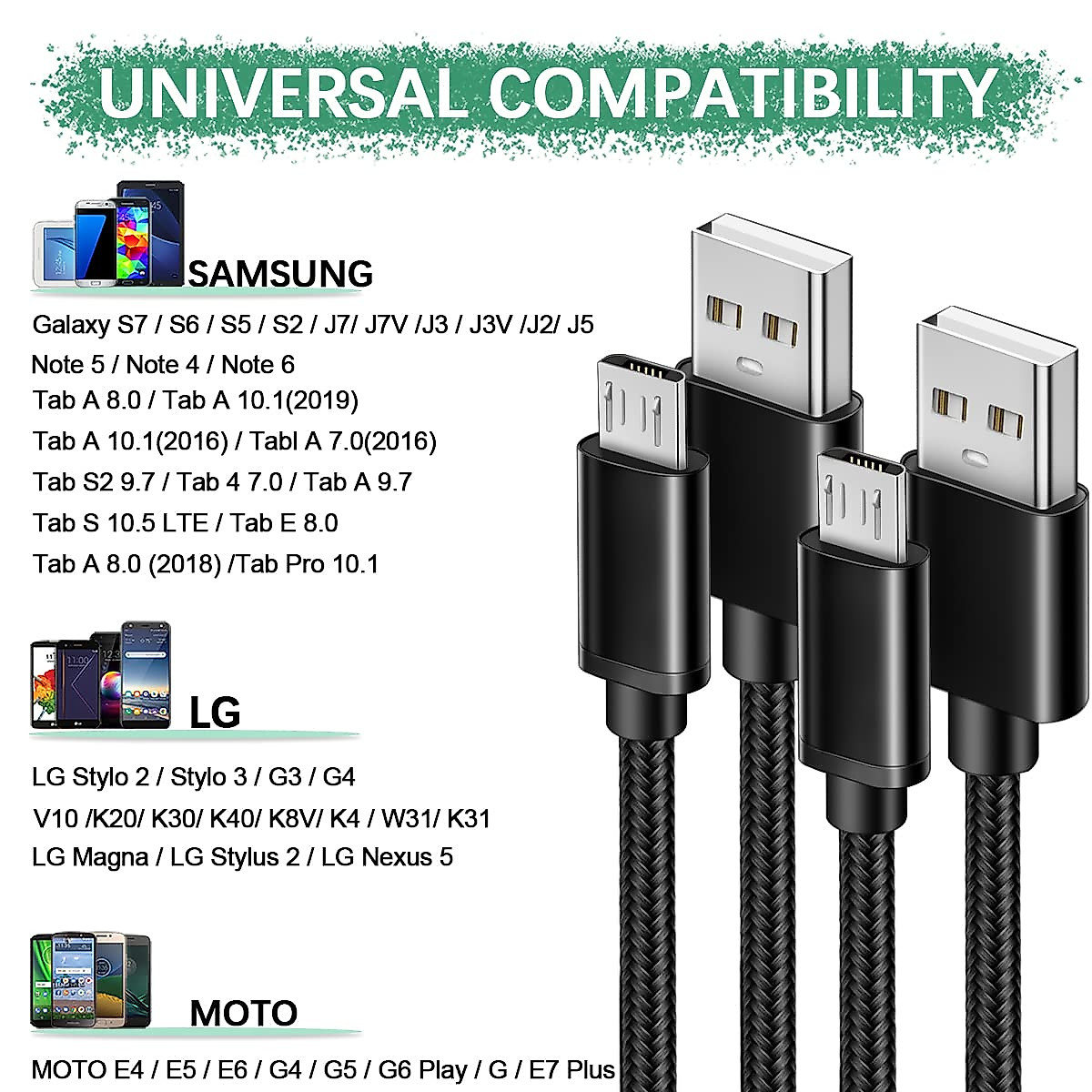 Micro USB Cable 6ft 2 Pack Long Charging Cord Nylon Braided High Speed Durable Fast Charging USB Charger Android Cable for Samsung Galaxy S7 Edge S6 S5,Android Phone,LG
