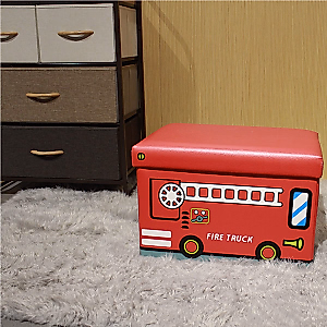 HOERGOTS Toy Chest with Lid Sturdy Toy Box for Boys Girls Fire Truck Pattern Foldable Children Storage Ottoman Bench Holds up to 660 lb, 19"x12"x12" (Red)