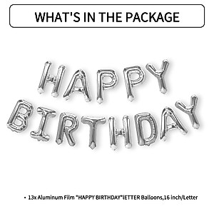 Happy Birthday Balloons Banner, 16 Inch Mylar Foil Balloon Letters Birthday Sign Banner, Reusable Silver Birthday Balloons Kit Birthday Decorations For Kids Adults Birthday Party Favor Supplies