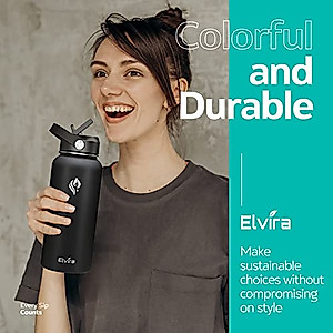 Elvira 32oz Vacuum Insulated Stainless Steel Water Bottle with Straw & Spout Lids, Double Wall Sweat-proof BPA Free to Keep Beverages Cold For 24Hrs or Hot For 12Hrs-Black