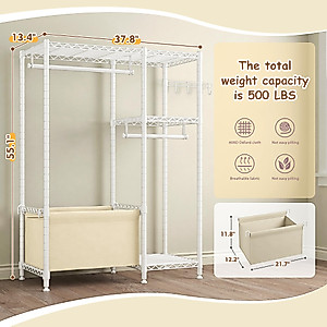 Raybee Small Clothes Rail for Bedroom, Clothes Rack with Storage Basket, Petite Portable Hanging Rails for Clothes with Shelves, 55.1" H * 37.8" W * 13.4" D, White