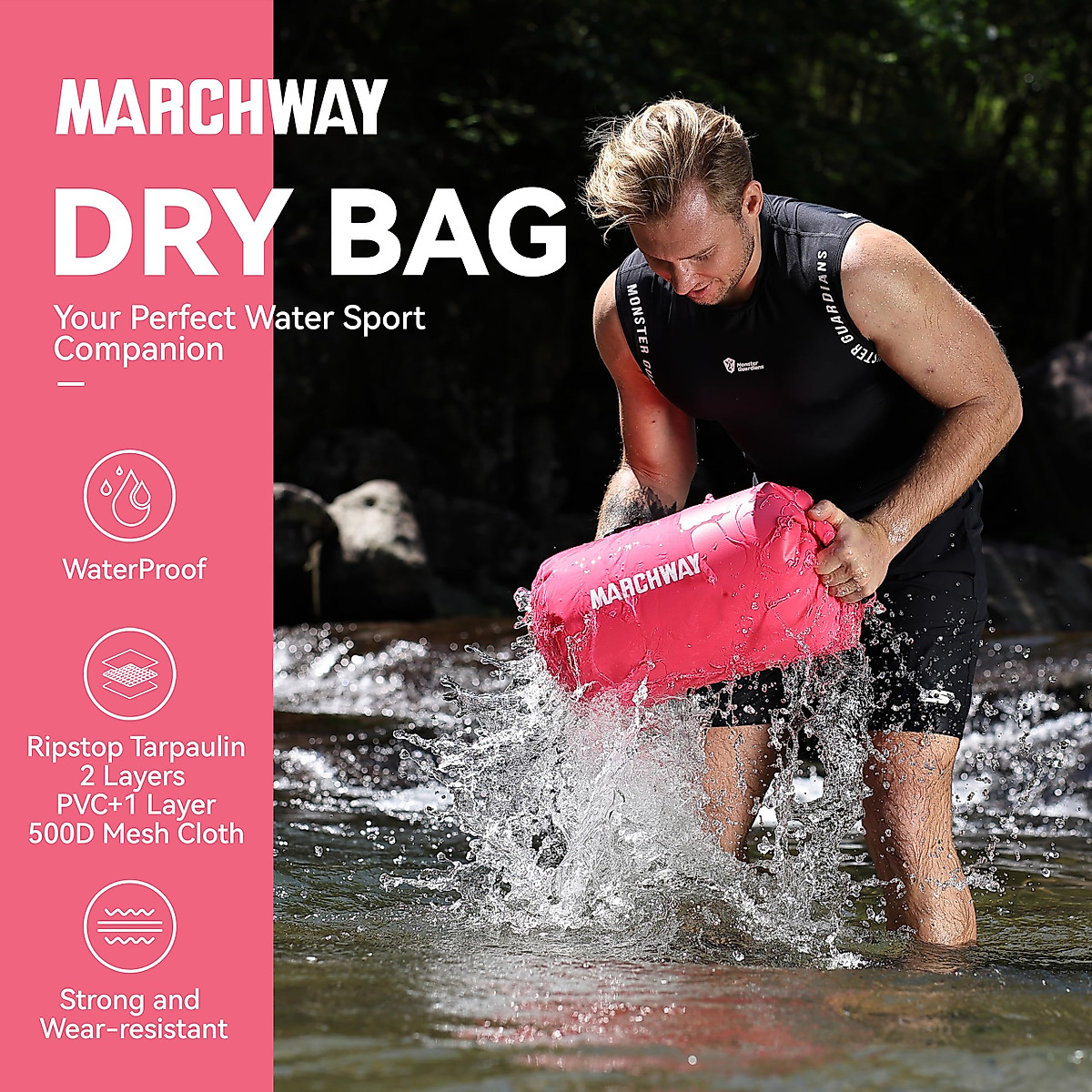 MARCHWAY Floating Waterproof Dry Bag Backpack 5L/10L/20L/30L/40L, Roll Top Sack Keeps Gear Dry for Kayaking, Rafting, Boating, Swimming, Camping, Hiking, Beach, Fishing (Pink, 20L)