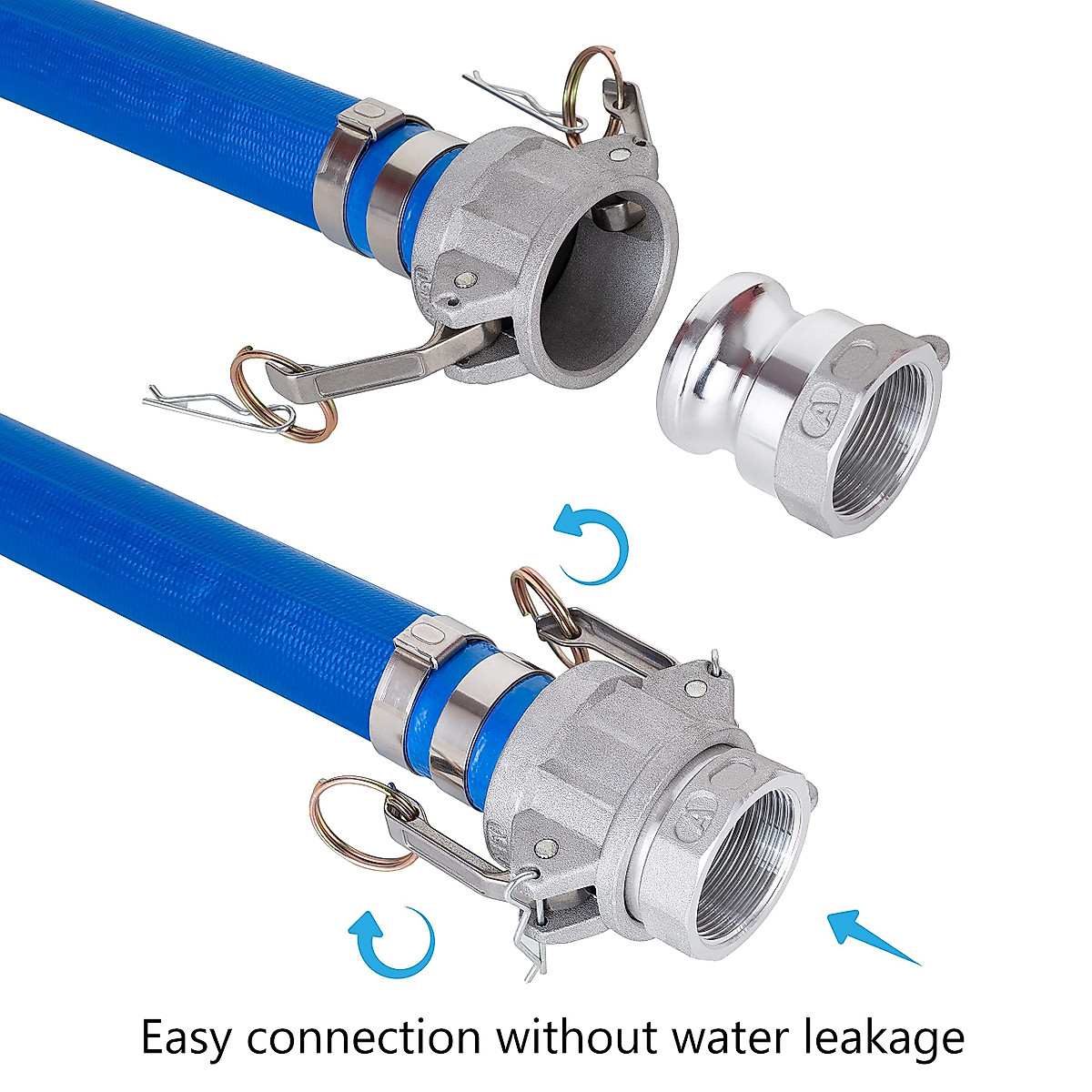 2" x 100' Blue PVC Backwash Hose for Swimming Pools, Heavy Duty Discharge Hose Reinforced Pool Drain Hose, with 2 inch Type A Cam and Groove Hose Fitting