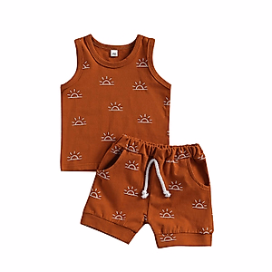 Amiblvowa Newborn Infant Baby Boy Shorts Set Camisole Tank Top Jogger Shorts Outfit 2Pcs Summer Casual Clothes(Brown Sunshine, 18-24M)