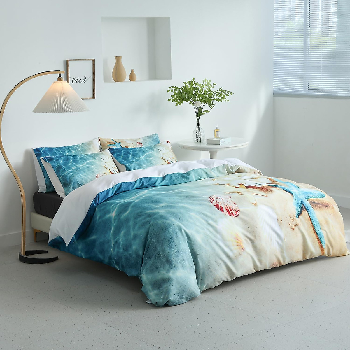 Beach Duvet Cover King, 3 Pieces Soft Lightweight Microfiber Duvet Cover Set, 3D Beach Ocean Bedding Comforter Cover Set with Zipper Ties, 1 Duvet Cover and 2 Pillowcases, No Comforter