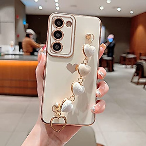 VANIPUFF Samsung Galaxy S21 5g Phone Case with Heart Bracelet Chain Strap Luxury Plating Cute Love Hearts Cover with Aesthetic Hearts Hand Chain for Women Camera Protection Shockproof Bumper (White)