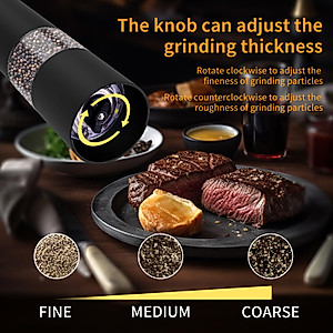 Electric Salt and Pepper Grinder Set of 2, Automatic Operation Salt Pepper Mill Sets with Adjustable Coarseness, Battery Powered, LED light, One Hand Operation-Black