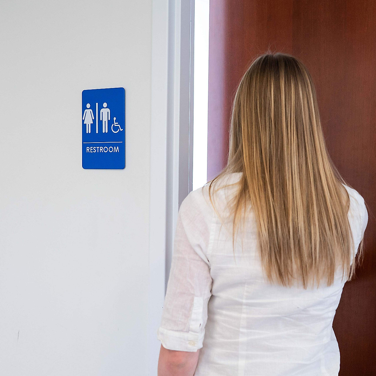 London Health Products Uni-Sex Restroom Sign - ADA Compliant - Blue & White - Includes Adhesive Tape and Instructions