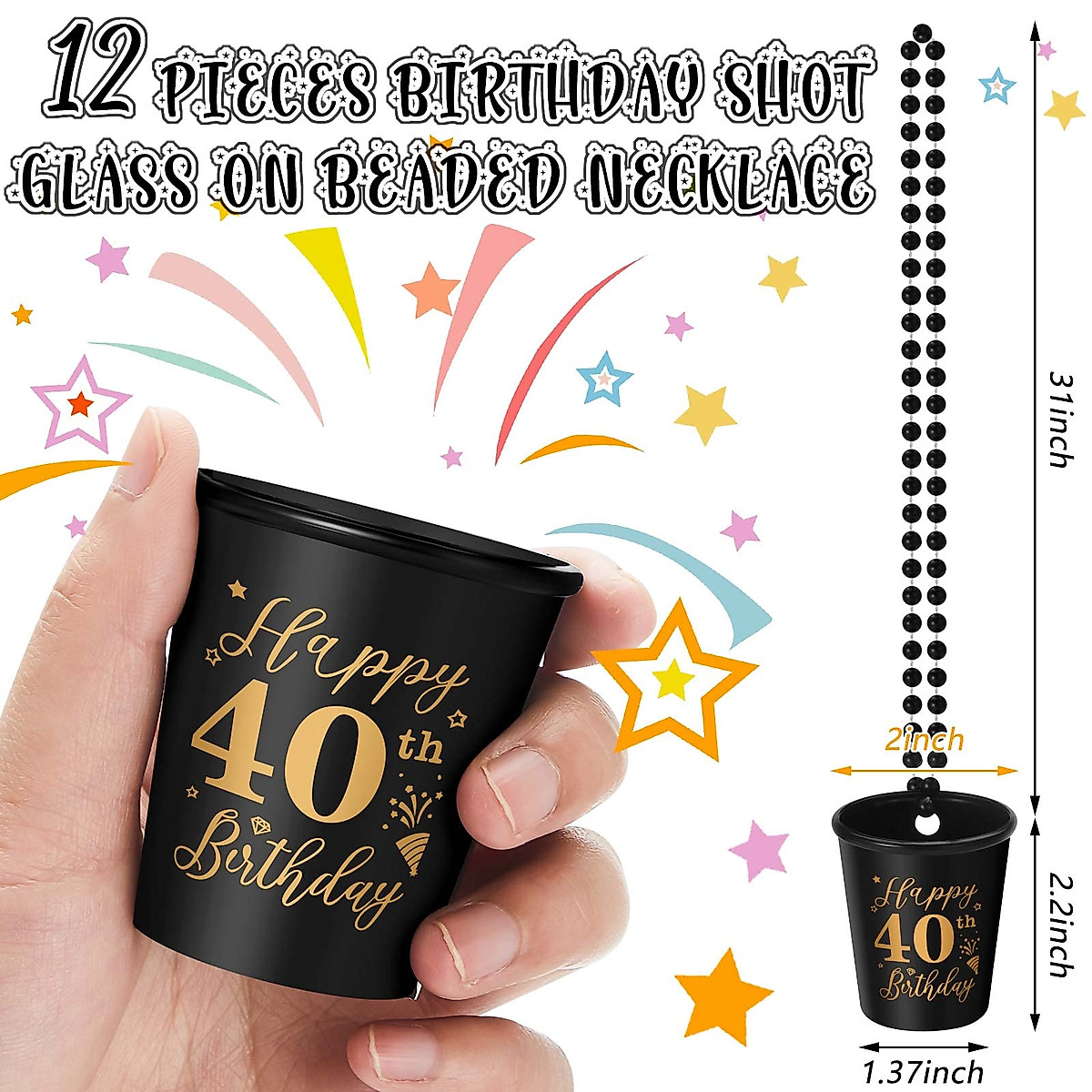 12 Pieces 30th 40th 50th 60th 70th Shot Glasses Necklace Birthday Plastic Shot Glass on Beaded Necklace Shot Cups for Birthday Party Anniversary Supplies, Gold and Black (40th)