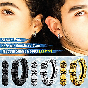 Black Skull Hoops Mens Huggie Circle Hoop Earrings for Man Gothic Punk Jewelry for Rapper Reggae Statement Ear Charms