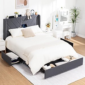 COMHOMA Bed Frame Queen Size with Type-C & USB, Queen Size Bed Frame with 3 Storage Drawers, Upholstered Bed Frame Queen with Wingback Headboard, Steel Slats Support, Dark Grey