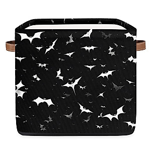 Skonsati Black White Bat Cube Storage Bin 13 inch Fabric Storage Baskets Collapsible Storage Cube Bins Organizer Containers with Leather Handles for Home Closet