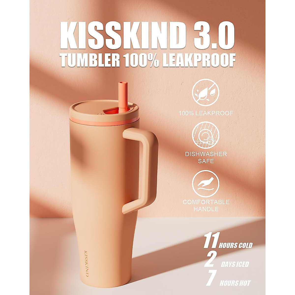 KISSKIND 40 oz Tumbler with Handle and Straw Lid, 100% Leakproof Insulated Cup Travel Coffee Mug Water Bottle, 2 Pcs