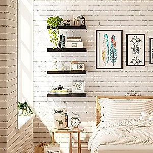 Fixwal Floating Shelves, Set of 4 Black Wood Shelves, Wall Mounted Shelf for Brick Wall, Bedroom, Living Room, Bathroom and Plants