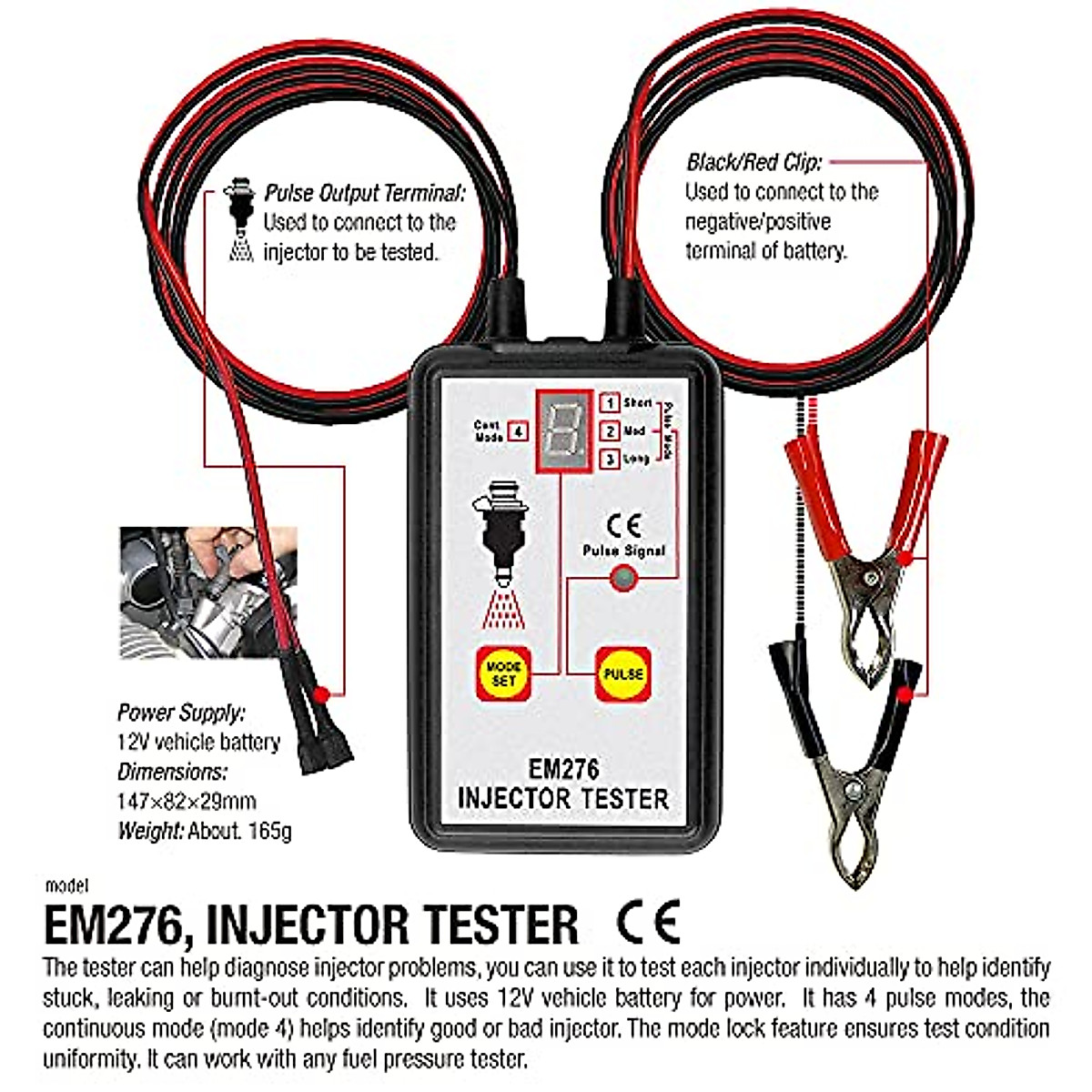 allsun em276 12V DIY Auto Fuel Injector Tester and Cleaner with 2 Adapters, 4 Pluse Modes Powerful Fuel System Vehicle Gasoline Pressure Diesel Short Circuit Protector