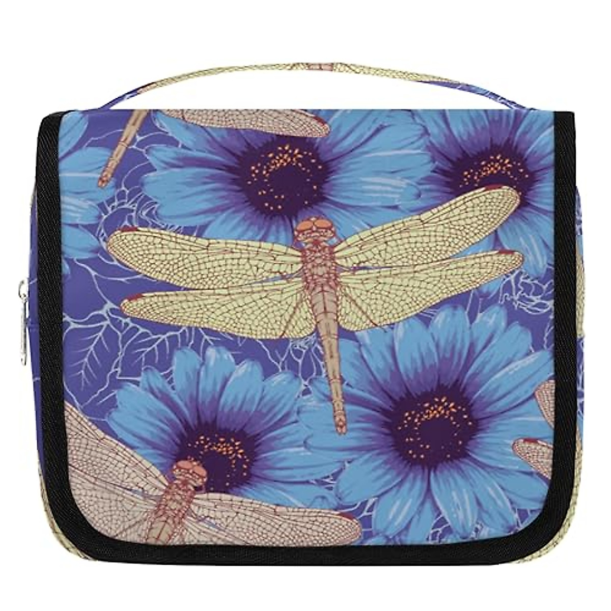POFATO Dragonfly Blue Flower Travel Toiletry Bag Cosmetic Makeup Bag for Women Men Hanging Hook Wash Toiletries Portable Toiletry Bags Organizer
