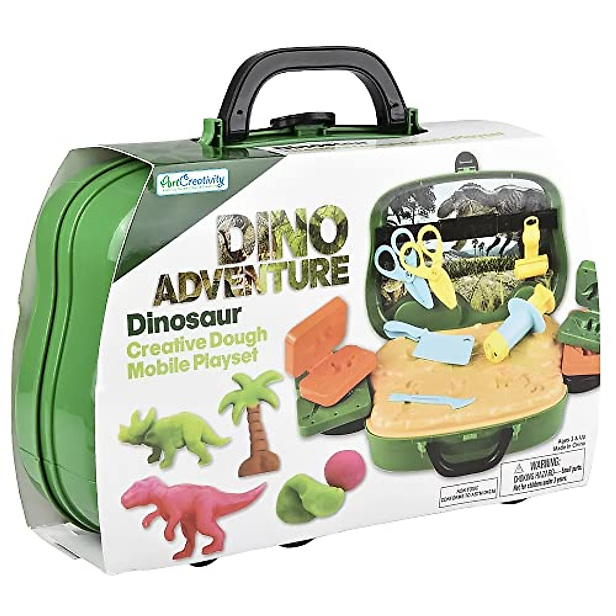ArtCreativity Dinosaur Theme Modeling Clay Playset on Wheels, Play Dough Activity Kit with 10 Dinosaur Molding Accessories, 8 Dough Colors, & Travel Case, Safe & Non-Toxic for Kids, Great Gift Idea