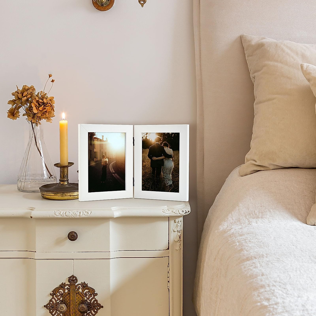 Golden State Art, 5x7 Double Picture Frame Vertical Hinged Photo Frame 2 Opening Folding Family Frames Collage, with Real Glass (5x7, White, 1-Pack)