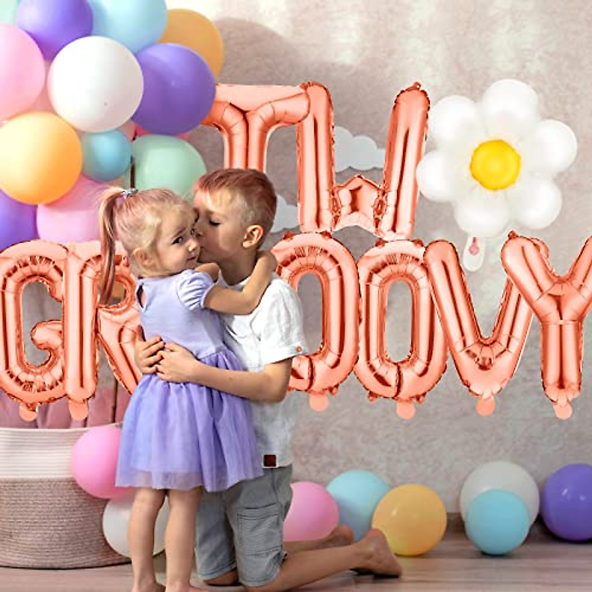 Two Groovy Balloons Party Decorations Foil Letter Balloons Large Daisy Balloons Groovy Decor White Flower Balloons for Birthday Party Baby Shower Wedding Decor Supplies, 16 Inches (Rose Gold)