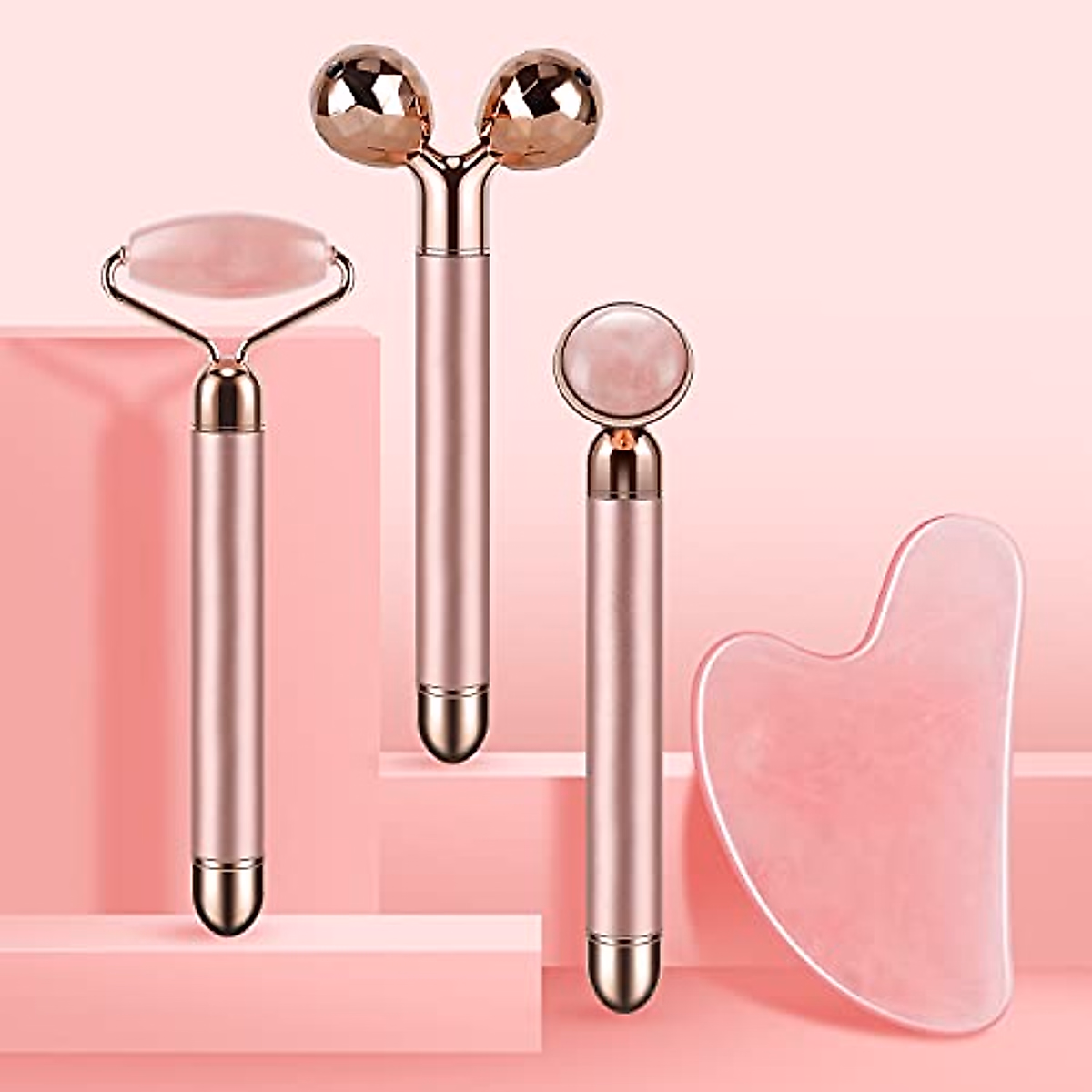 4-IN-1 Face Massager and Gua Sha Set for Women, Rose Quartz Face Roller Skin Care Tools Electric Eye Massager Tool for Face Skin Roller