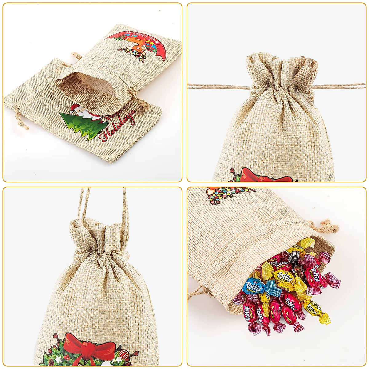 FloraSea 24 Pieces Christmas Burlap Gift Bags, Small Christmas Gift Bags, Christmas Burlap Treat Bags with Drawstrings(4x6 inches, 8 Designs Styles)
