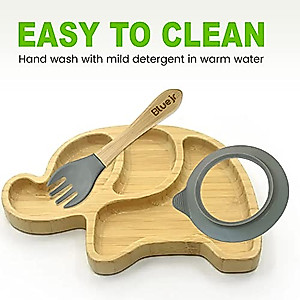 Bluejr Elephant-Shaped Bamboo Plate & Fork Set - Fun & Secure Dining for Toddlers, Babies - Silicone Suction, Three-Compartment Wooden Kids Plate, Eco-Friendly Animal-Shaped Dish Set
