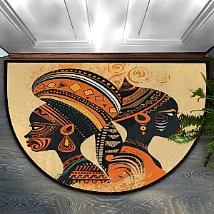 Half Round Door Mat African Women Vintage Entryway Rug Non-Slip Welcome Mat Indoor Outdoor Absorbent Resist Dirt Floor Rug Low-Profile Carpet for Bedroom Patio Front Door Kitchen
