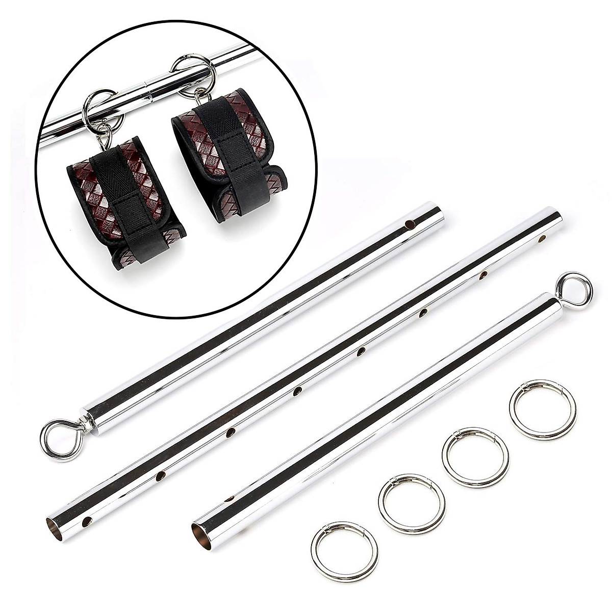 EXREIZST Silver Expandable Spreader Bar with 4 Brown Fur Leather Straps Nylon Belts Adjustable Exercise Sports Training Set