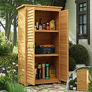 Mingyall Outdoor Wooden Storage Cabinet, Patio Storage Shed with 3 Removable Shelves, Waterproof Roof and Locker, Outside Vertical Tool Storage Cabinets for Garden, Lawn, Backyard, Yellow