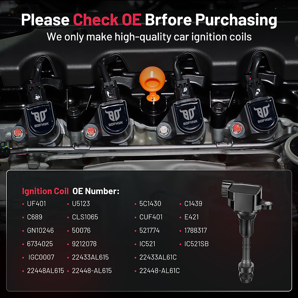 BDFHYK Ignition Coil Pack Set of 6 Compatible with 2003-2007 Nissan 350Z & Infiniti FX35, G35, M35, Infiniti G35 Coupe 2006, Coil for V6 3.5L Replace UF401,C1439,6734025, 22448AL615,22448AL61C
