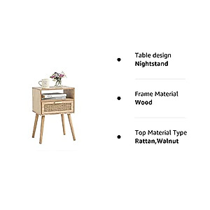 MaxSmeo Modern Nightstand Rattan Side Table with Storage, Farmhouse End Table for Living Room, Bedroom and Small Spaces, Accent Bedside Tables with Solid Wood Legs, Easy Assembly (Natural Walnut)