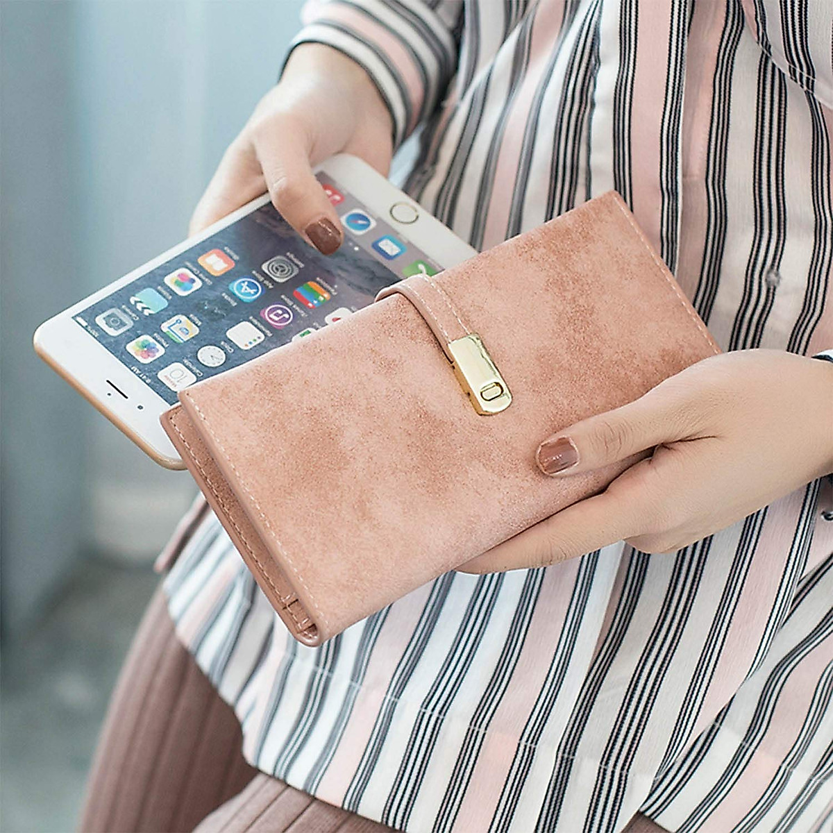 AOXONEL Womens Slim Wallet RFID Ladies Wallets Long Bifold Thin Skinny,Magnetic Closure (Pink)