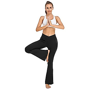 Women's V Crossover Flare Leggings with Pockets,Bootcut High Waisted Yoga Pants Tummy Control Workout Leggings,Black,M