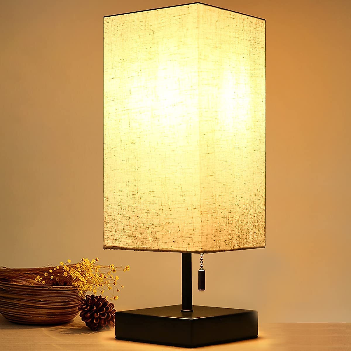 LIANGZ AI Bedside Table Lamp - Minimalist Lamps for Bedrooms,Living Room,Office,Fabric Linen Lamp Shade,Modern Desk Lamp with Black Metal Base and Chain Switch