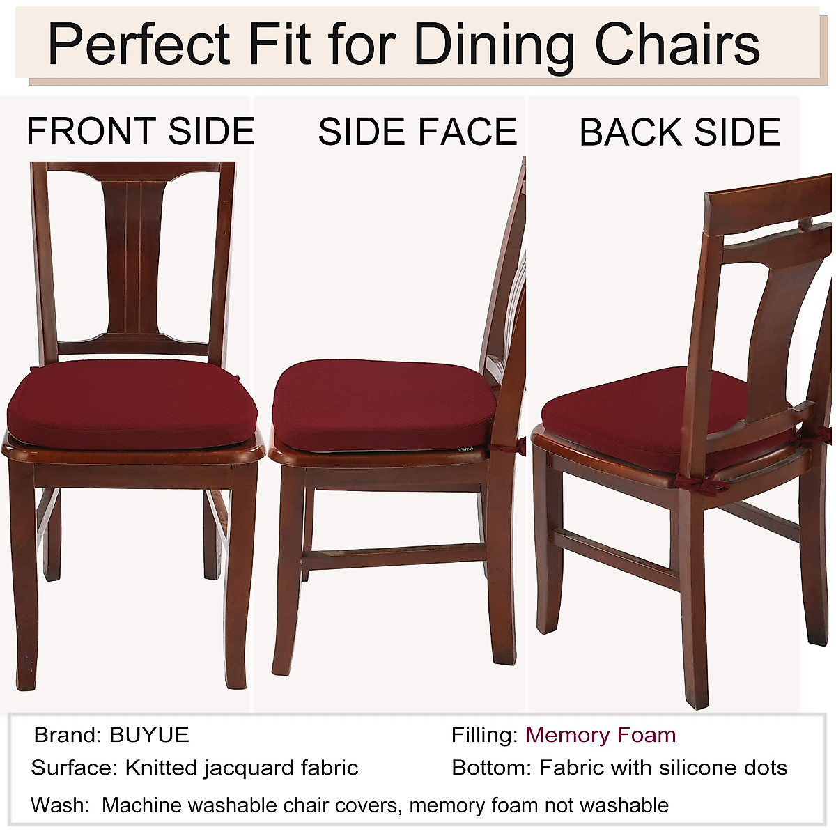 BUYUE Luxury 100% Pure Memory Foam Chair Cushions 4 Pack, Jacquard 16" U-Shape Comfortable Dining Chair Pads, Removable Slip Resistant Kitchen Chair Seat Cushions, (Set of 4, Burgundy)