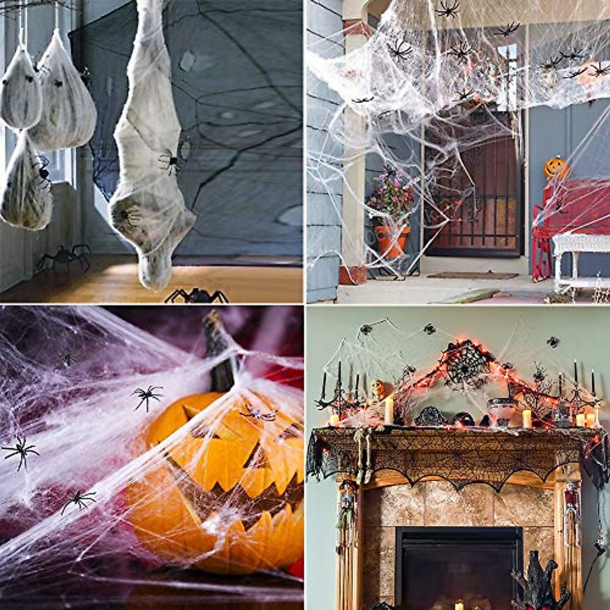 DearHouse 1100 sqft Halloween Stretch Spider Webs Indoor & Outdoor Spooky Spider Webbing with 60 Fake Spiders for Halloween Decorations