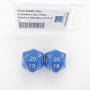 Blue Countdown Dice with White Numbers D20 30mm (1.18in) Pack of 2 Wondertrail
