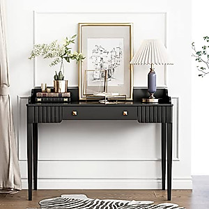 ukorua White Vanity Desk Wooden Desk with Drawer Modern Desk Computer Desk White Makeup Table with Gold Handle (Black)