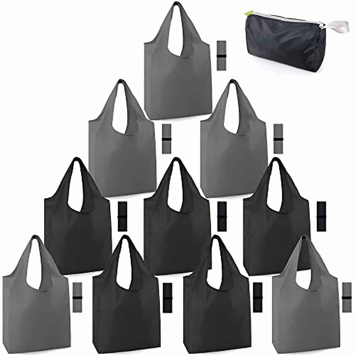 BeeGreen X-Large 10 Pack Black & Grey Reusable Shopping Bags with Storage Pouch & Elastic Band Reusable Grocery Bags Bulk Wholesale 50LBS Foldable Fabric Bags Machine Washable