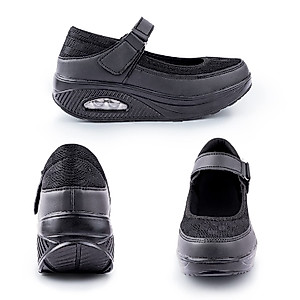 Women's Comfort Working Nurse Shoes Adjustable Breathable Wedges Slip-on Walking Sneaker Fitness Casual Shoes Mary Jane Sneaker,D-41BLACK